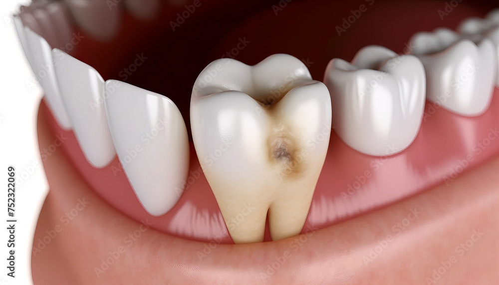 A detailed close-up of a decayed tooth, showcasing a vacant space where ...
