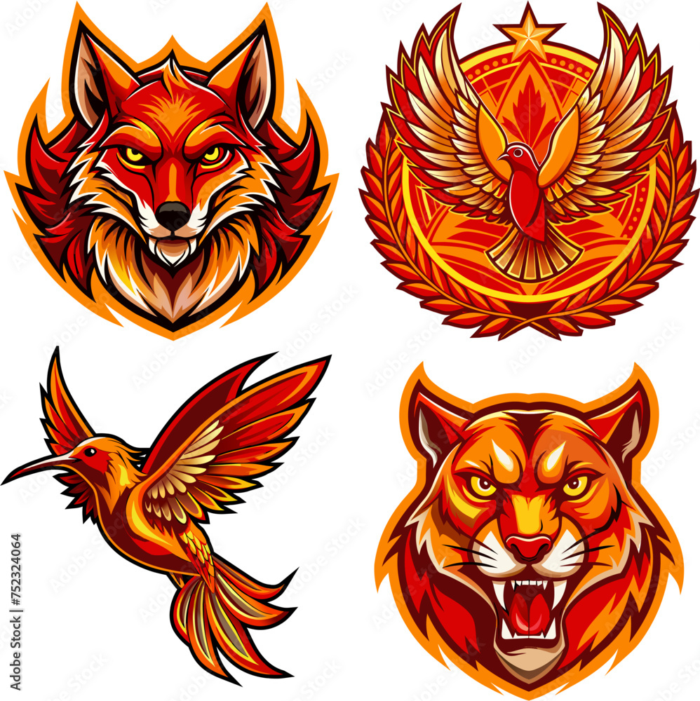 Animal Logo Vector Designs Set, Mascot Concepts, Red Fox, Dove, Colibri ...