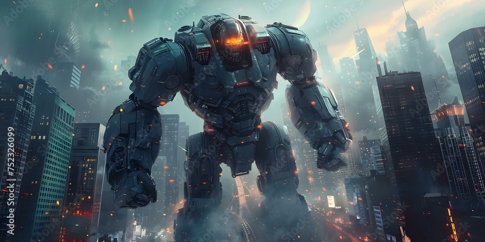 Menacing and Powerful Giant Robot Towers over the Cityscape. Concept ...