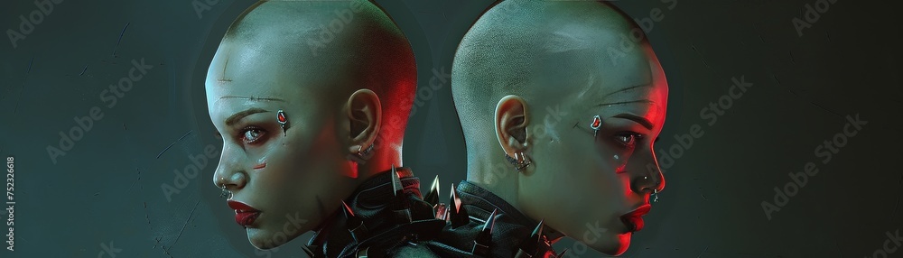 Bald female duo heads cyberpunk spikes dark backdrop eye lip piercing extreme 4K realism Stock ...