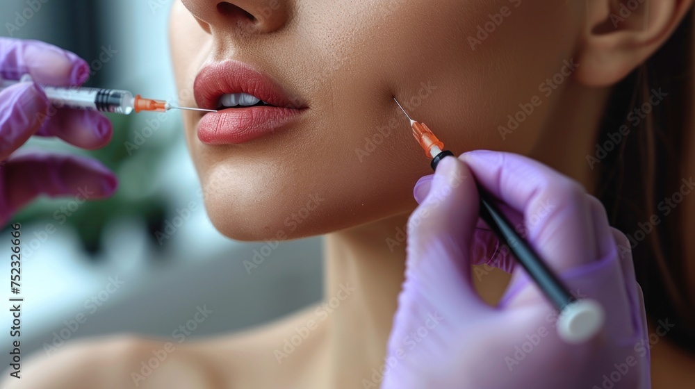 A woman is given beauty injections, a filler is injected into the ...