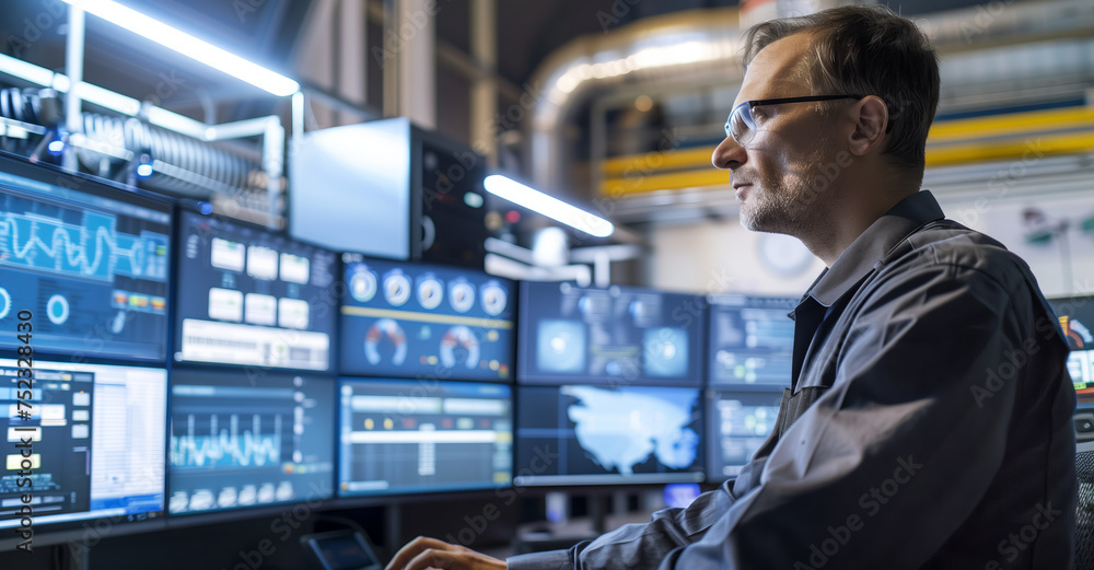 Control Room Engineer Analyzing System Data. Side view of a control room engineer focused on ...