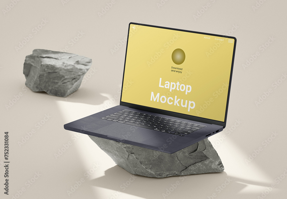 Laptop on Stone Mockup Stock Template | Adobe Stock