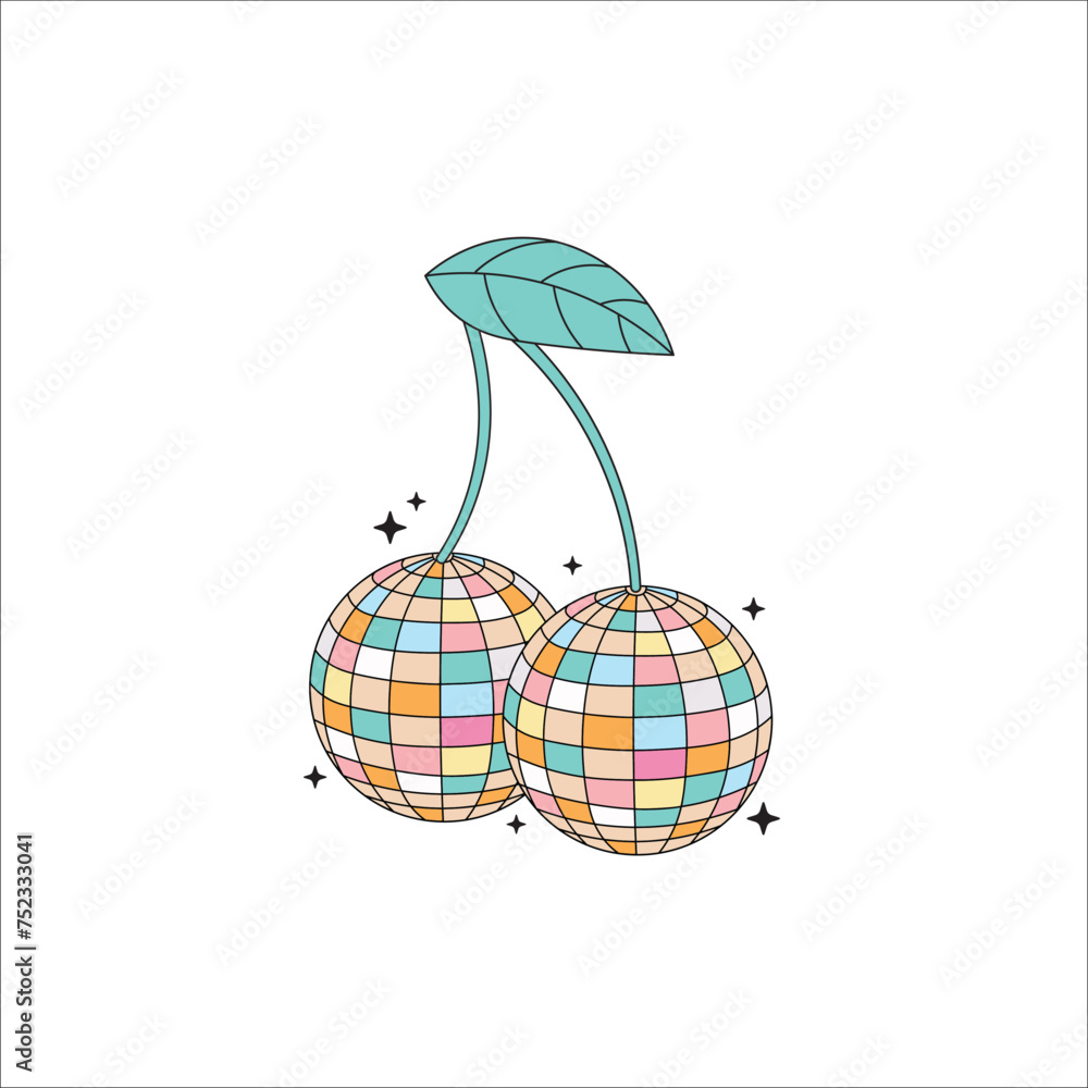 Groovy retro cherry disco ball clip art, cherry mirrorball vector ...