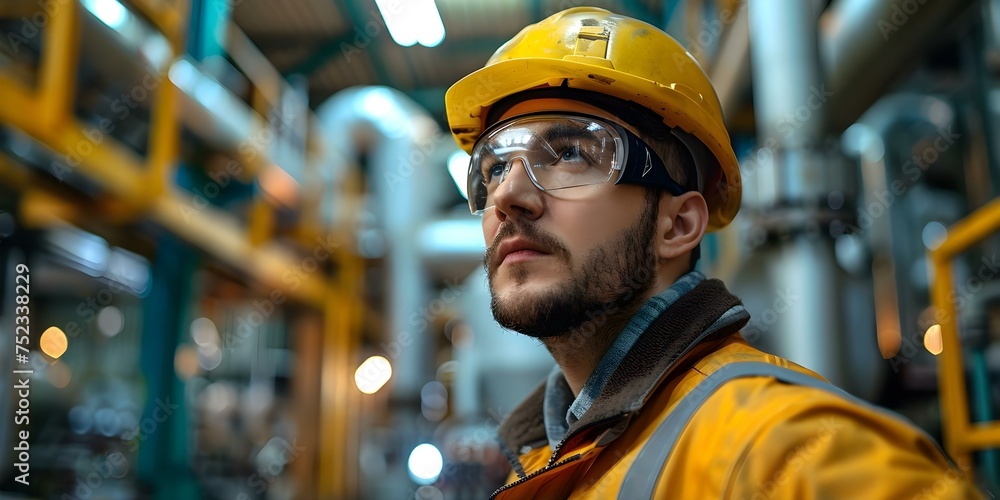 A worker in a factory wearing safety gear loudly advises colleagues ...