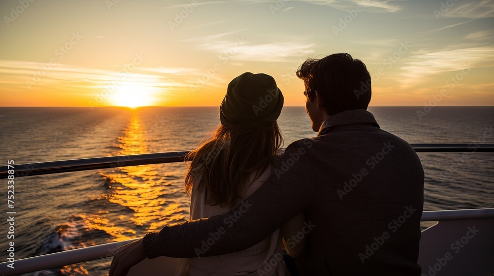 Romantic Moment: Couple Enjoys Stunning Sunset from Cruise Ship Deck ...