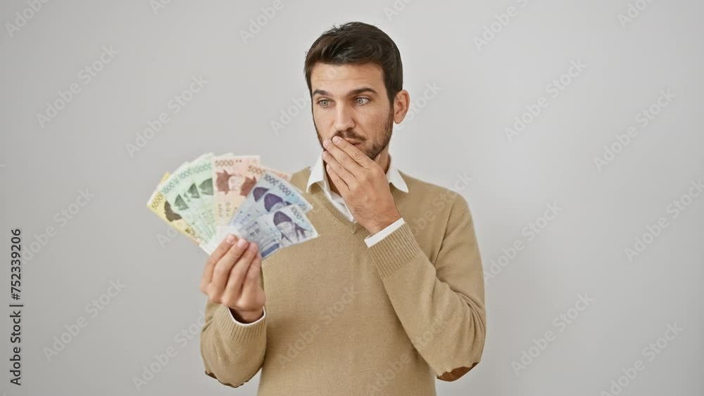 Shocked young hispanic man covers mouth with hand, stunned by south ...