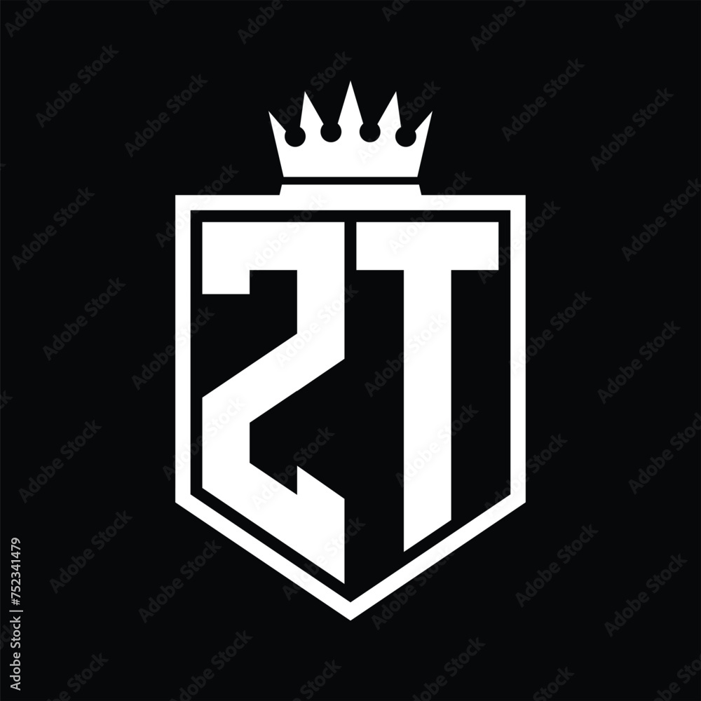 ZT Logo monogram bold shield geometric shape with crown outline black and white style design ...