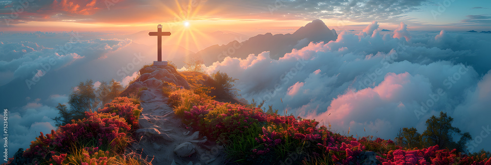 Crucifix at the Top of a Mountain with Sunlight , Silhouette photo of ...