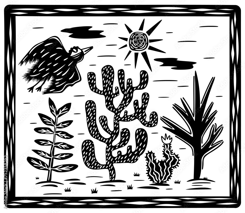 Vetor de Brazilian cordel style. Desert landscape and bird flying towards the sun. Cacti ...