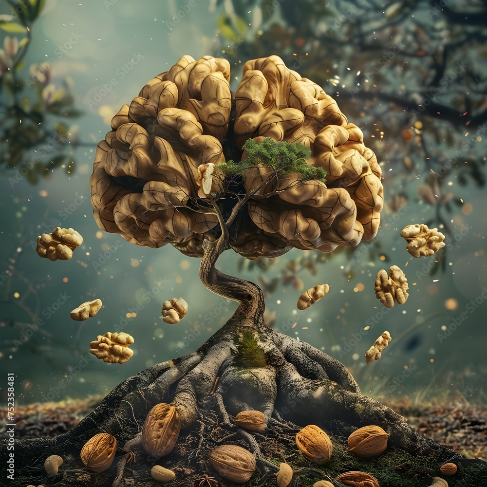 Walnut Tree in Surreal Portraiture Style with Exploding Branches, To ...