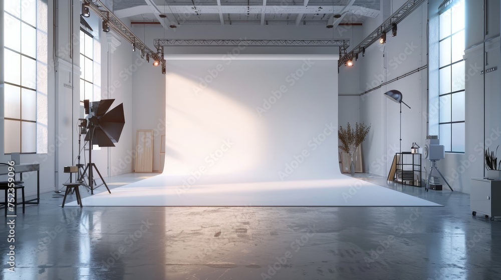 A fully equipped professional photography studio with a large white ...