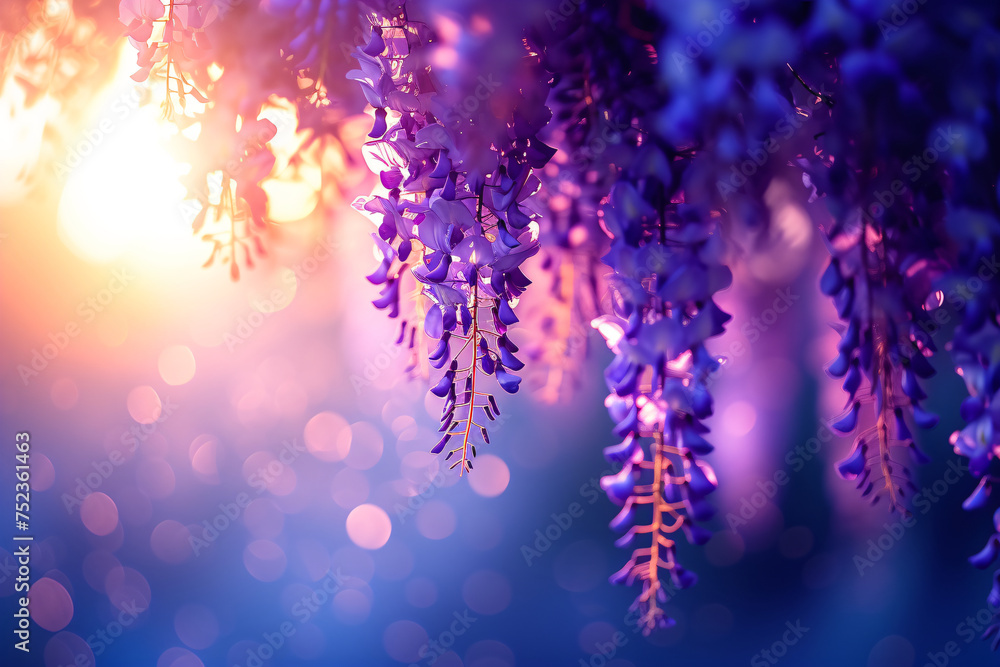 Spring wisteria blooming flowers in sunset garden. Purple japanese ...