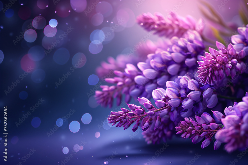 Spring wisteria blooming flowers in sunset garden. Purple japanese ...