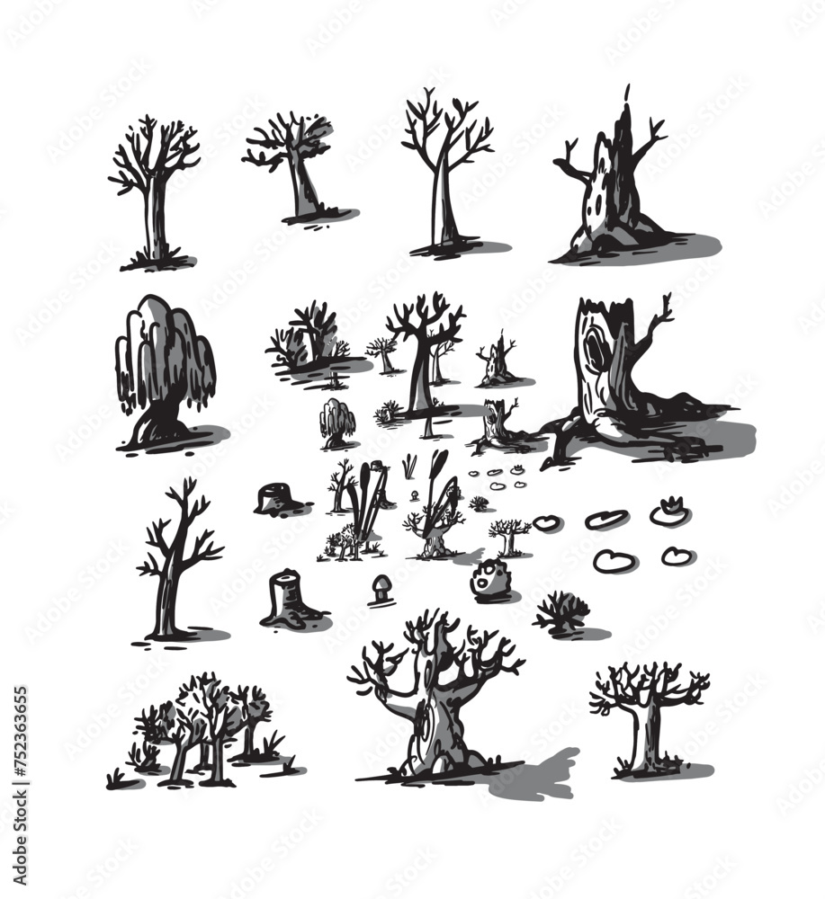 Fantasy map elements illustration, drawing, engraving, ink, line art ...