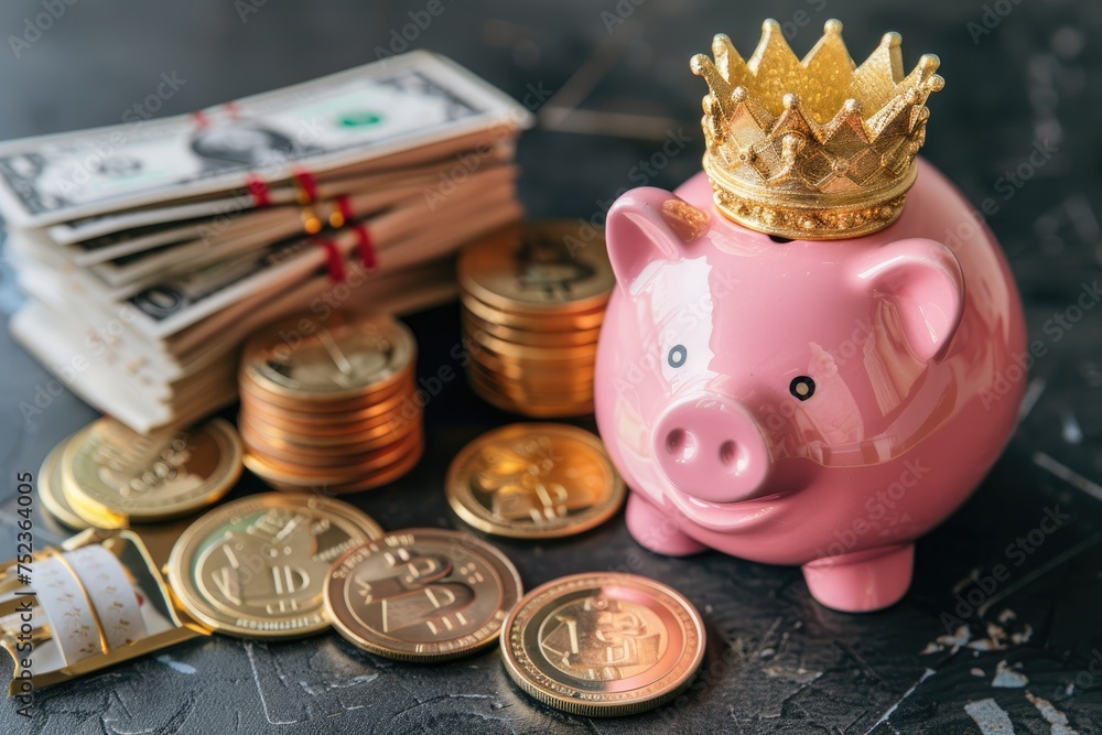 Smiling pink pig piggy bank a small gold crown next to a stack of gold ...