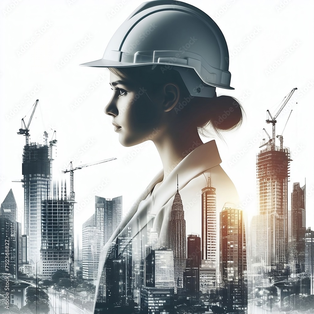 Portrait of a young construction worker woman with safety helmet ...