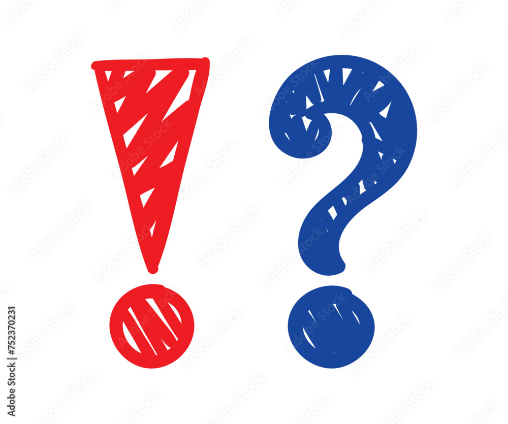 hand drawn exclamation mark and question mark. scribble red exclamation ...