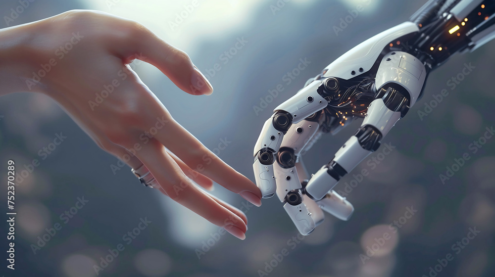 Artificial intelligence and human cooperation. The robot's hand and ...