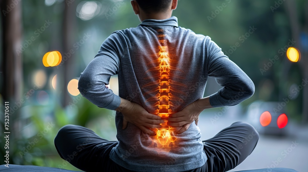 Pain in the lumbar spine and spinal cord. Human back pain, Man with ...