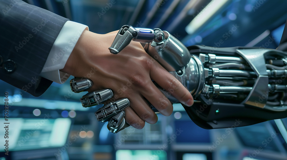 Artificial intelligence cooperates with human beings. Robot hands and ...