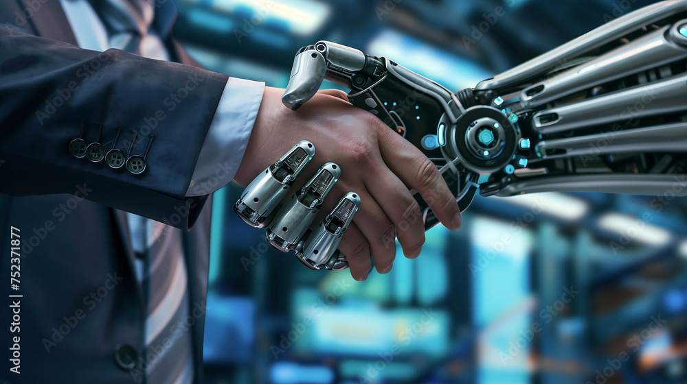 Artificial intelligence cooperates with human beings. Robot hands and ...