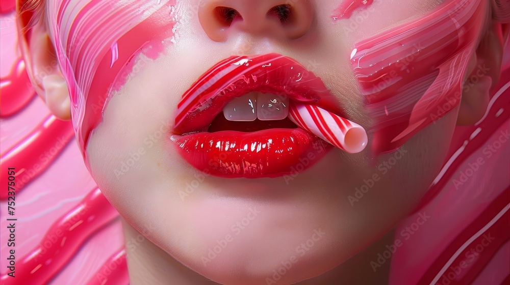Ultra close-up of surreal glossy red lips with candy cane patterns and ...