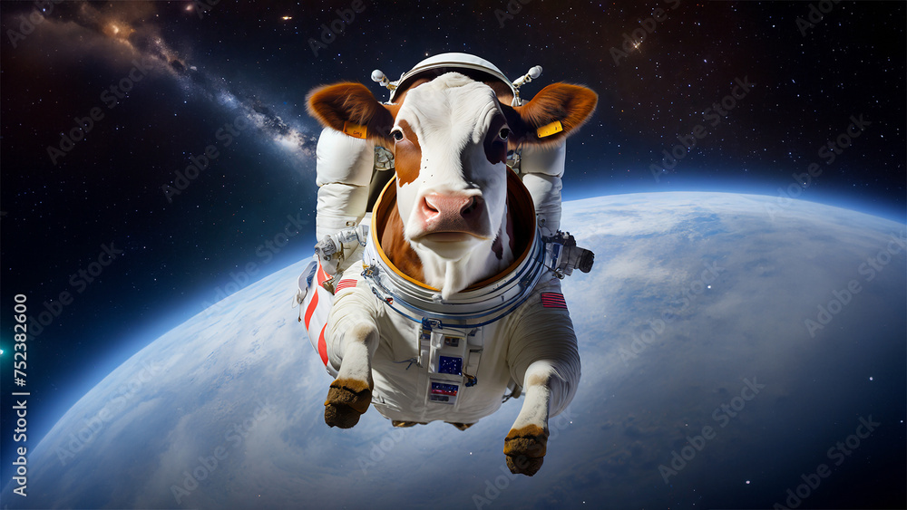 Space cow in a Space Suit floating around in Outer Space Stock Photo ...
