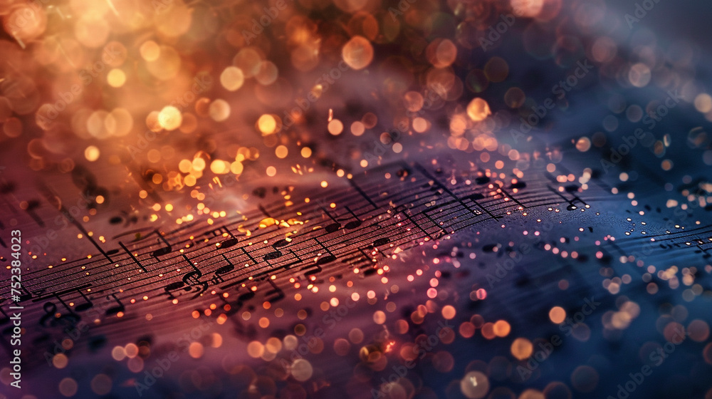 Old aged music score background with shimmering gold particles and ...