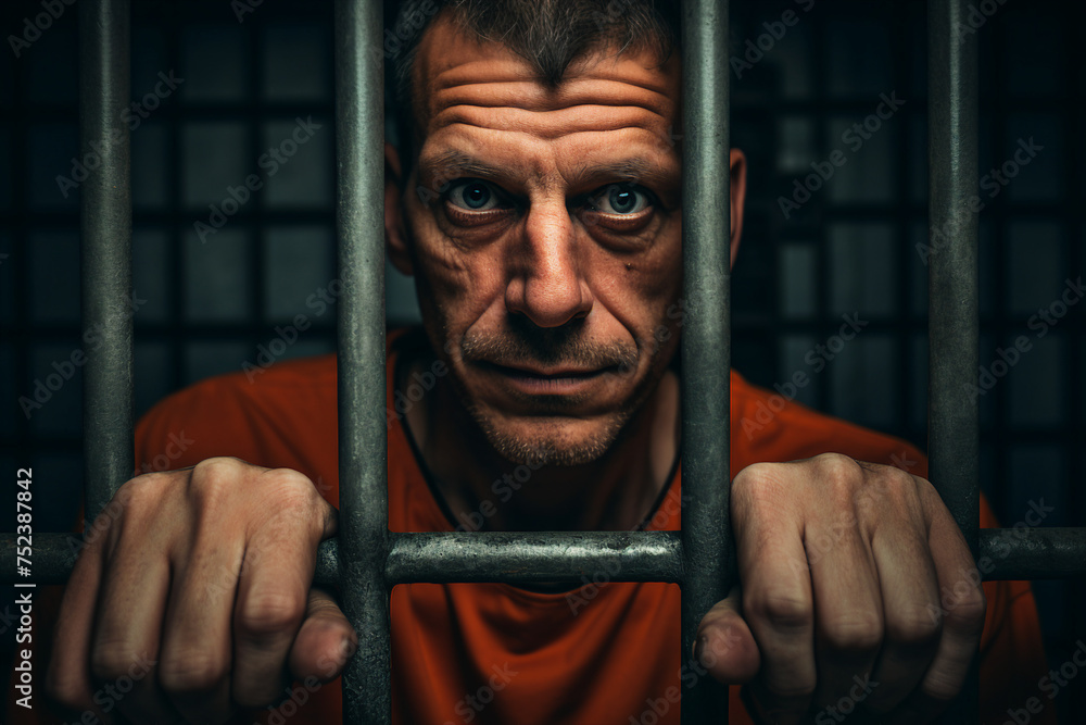 Criminals jailed in prison in orange uniform behind metal bars ...
