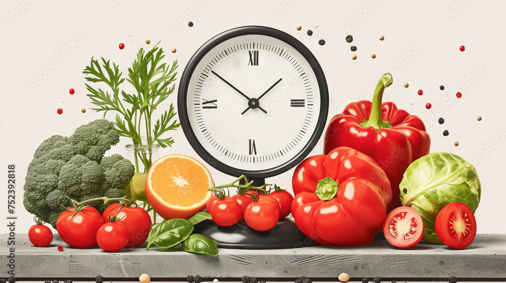 Vegetables and fruits with a clock. Concept: diets, weight loss and ...