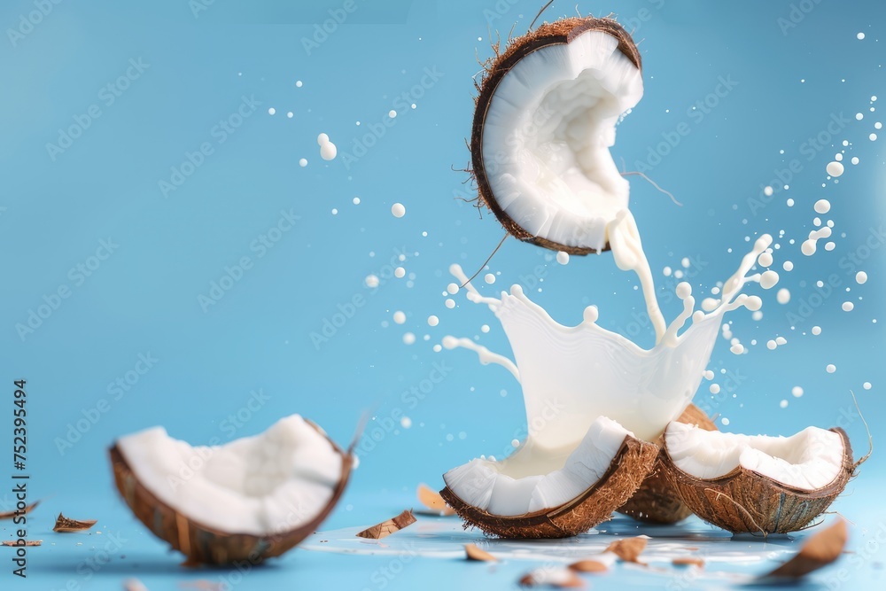 Coconut floating in the air with milk splattered in the air, on a flat ...
