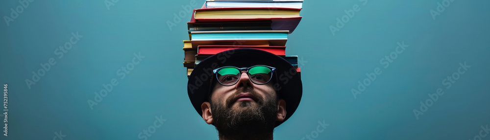 Depict a scholar with an impressive stack of books balanced on his head ...