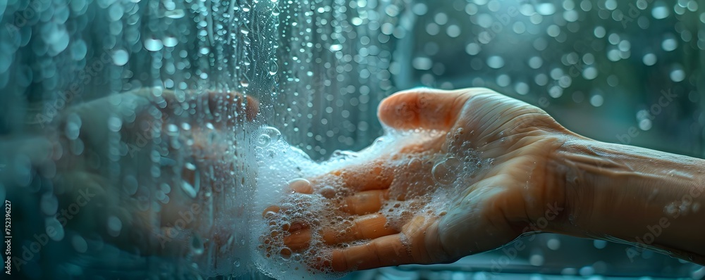 Realistic extreme close-up of a hand cleaning a glass surface with a ...
