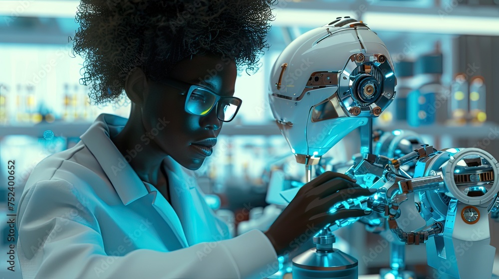 high-tech laboratory, illustration of woman and robot assistants ...