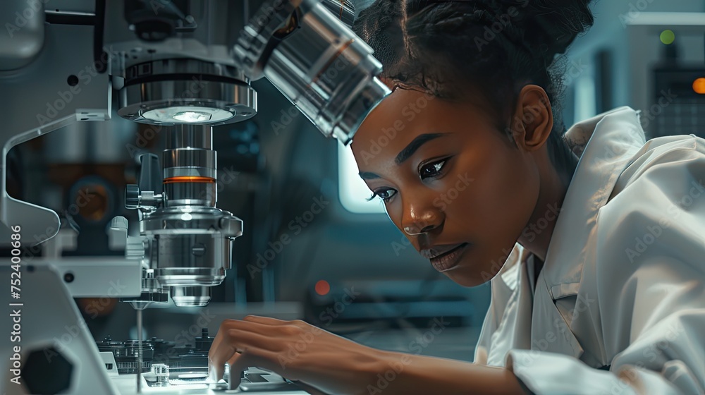high-tech laboratory, photo of woman and robotic scientific equipment ...