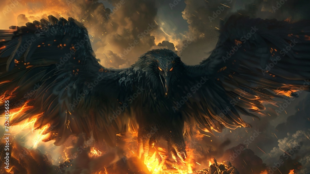 A black mythical creature with fiery eyes spreading its wings over a ...