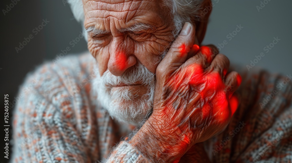 Old man with pain and rheumatism looking miserable in excruciating hand ...