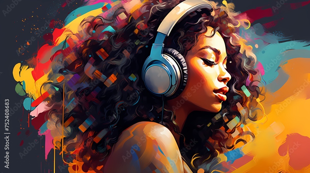 Black woman, headphones and smile for music listening, streaming or ...