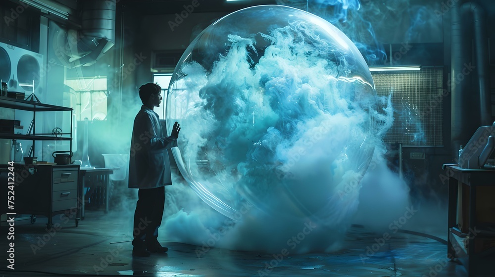 Scientist exploring a holographic globe in a dark lab. futuristic ...