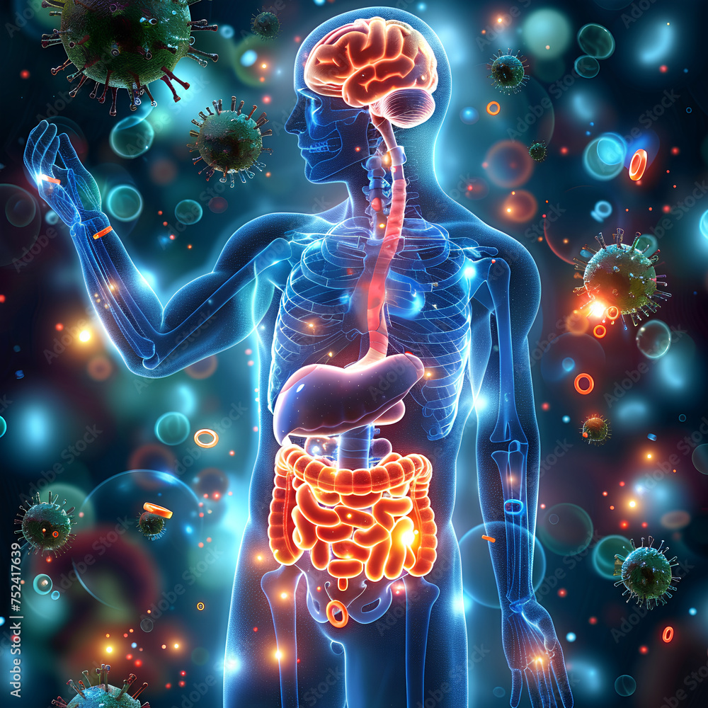 Human silhouette with glowing stomach brain connection and expanded ...