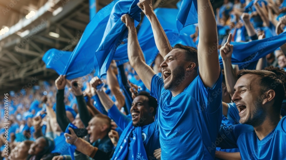 Group of people with blue shirts cheering on their soccer team with ...
