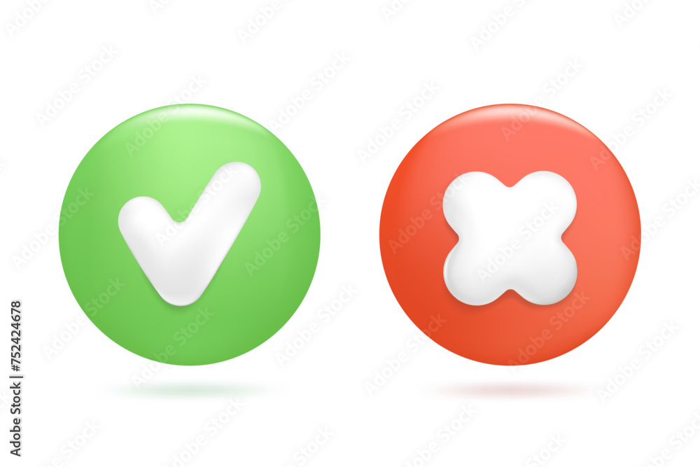 Approve and reject badges in cartoon 3d plastic style, isolated on ...