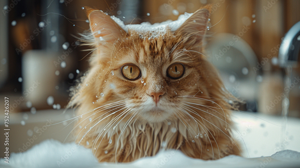 Pet care. Washing a cat at home in the bathroom. Wet cat in foam in the ...