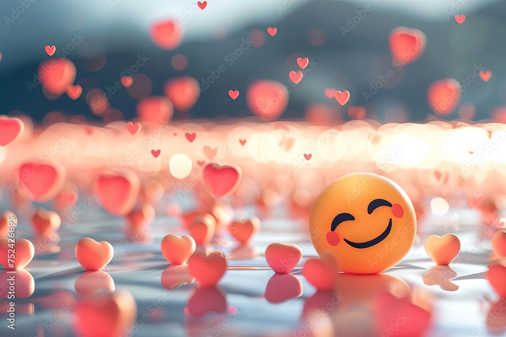 3d render of a smitten emoticon surrounded by floating hearts in a ...