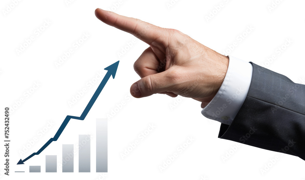 Hand pointing at a progressive growth chart on transparent background ...