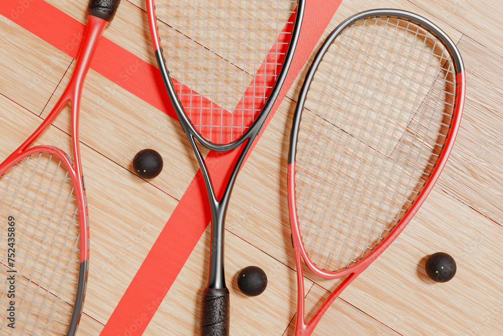 Squash rackets and balls lie on the floor of the sports court. Top view ...