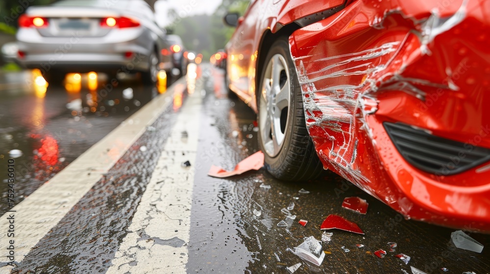 Two cars damaged in head on collision on street, car crash aftermath ...