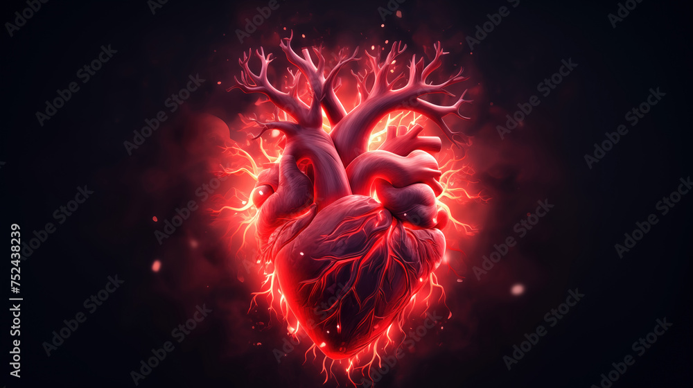 Human heart with glowing vessels. Beating heart on black background ...