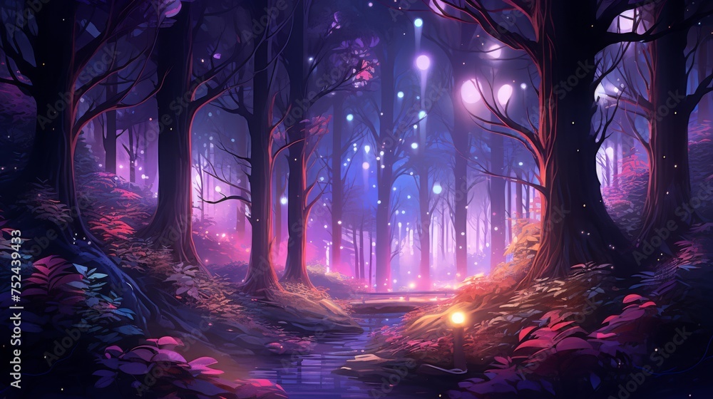 Mystical forest path lit by golden fairy lights entwined around pine ...